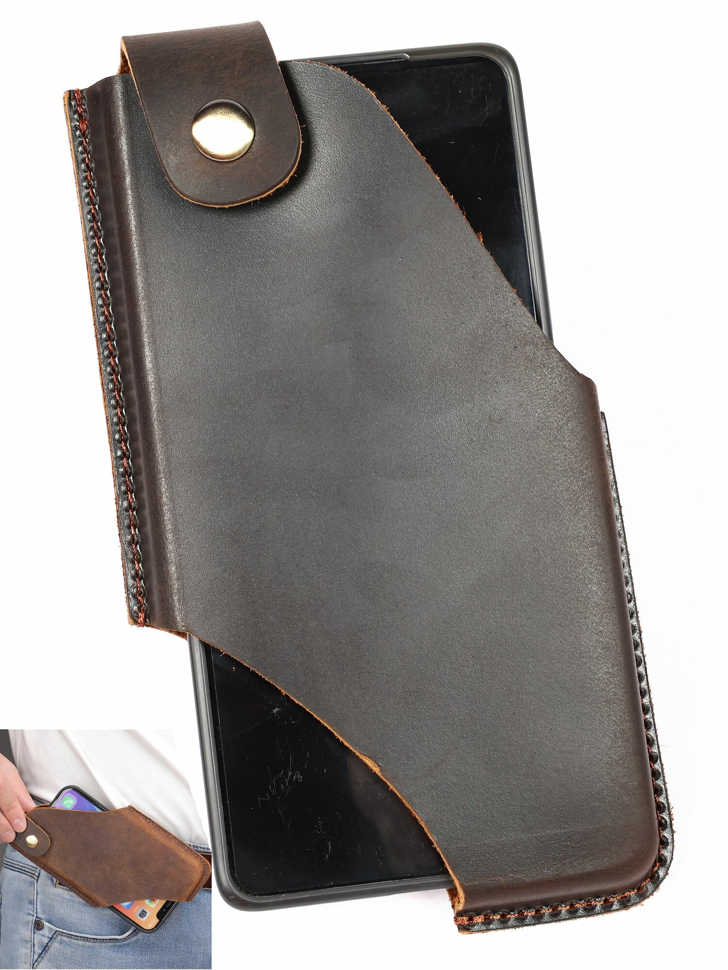 Мужской чехол-кобура на ремень / пояс из натуральной кожи темно-коричневый 17x8,5x1,5см