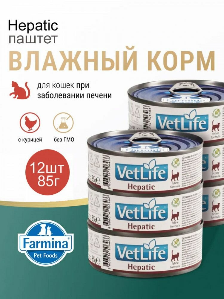 Влажный корм FARMINA Vet Life Hepatic для кошек при заболевании печени (упаковка 12шт по 85г), 1.02 кг