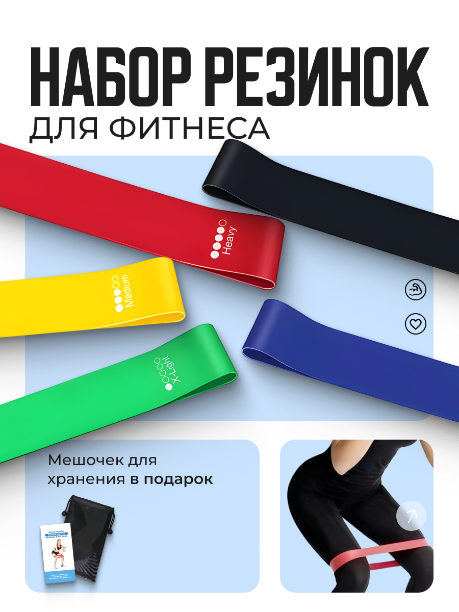 Набор резинок для фитнеса, йоги и тренировок 5 шт. эспандер для ног и рук