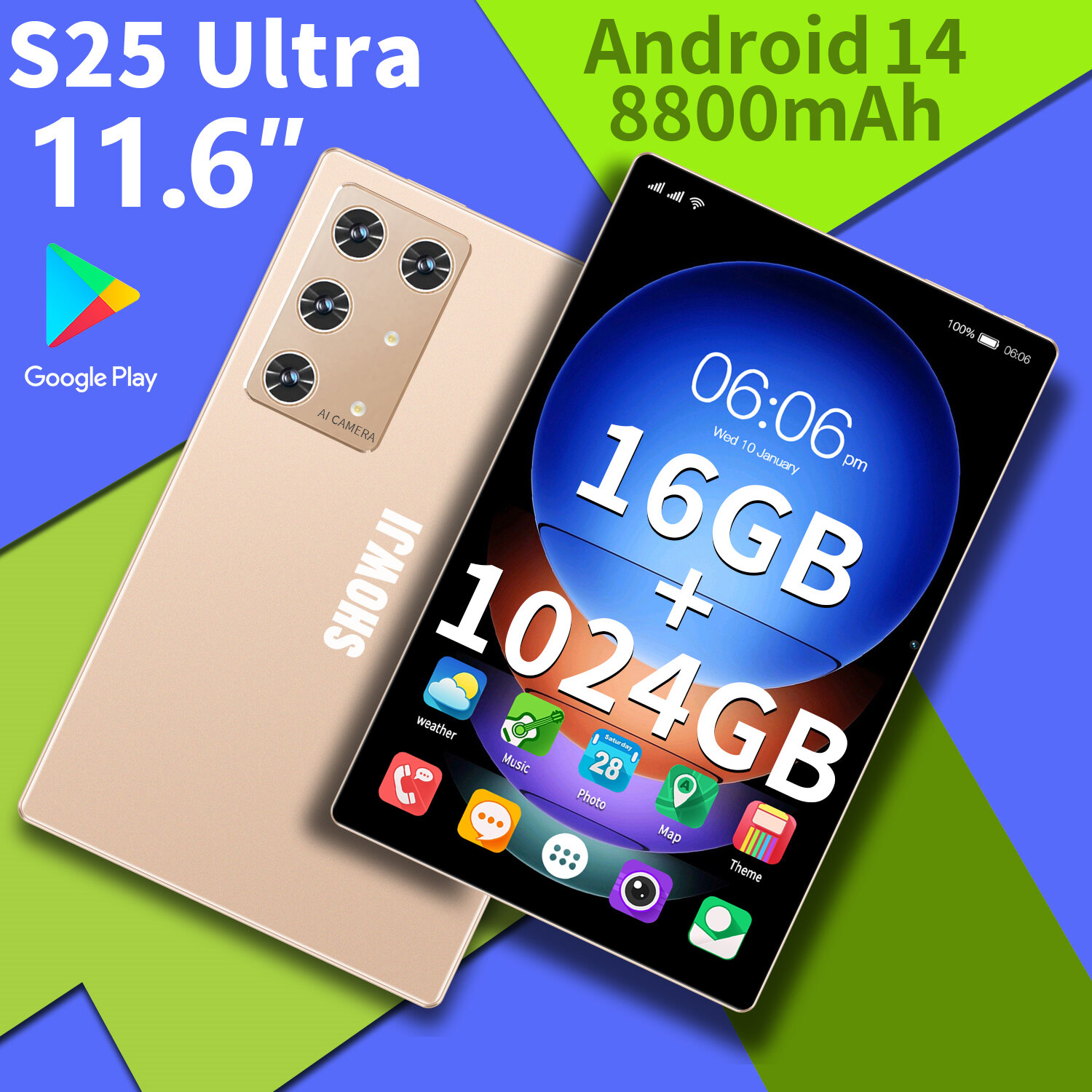 Игровой планшет SHOWJI "S25 Ultra", 16GB/1TB, 11.6'，90 Гц，5G, золотой