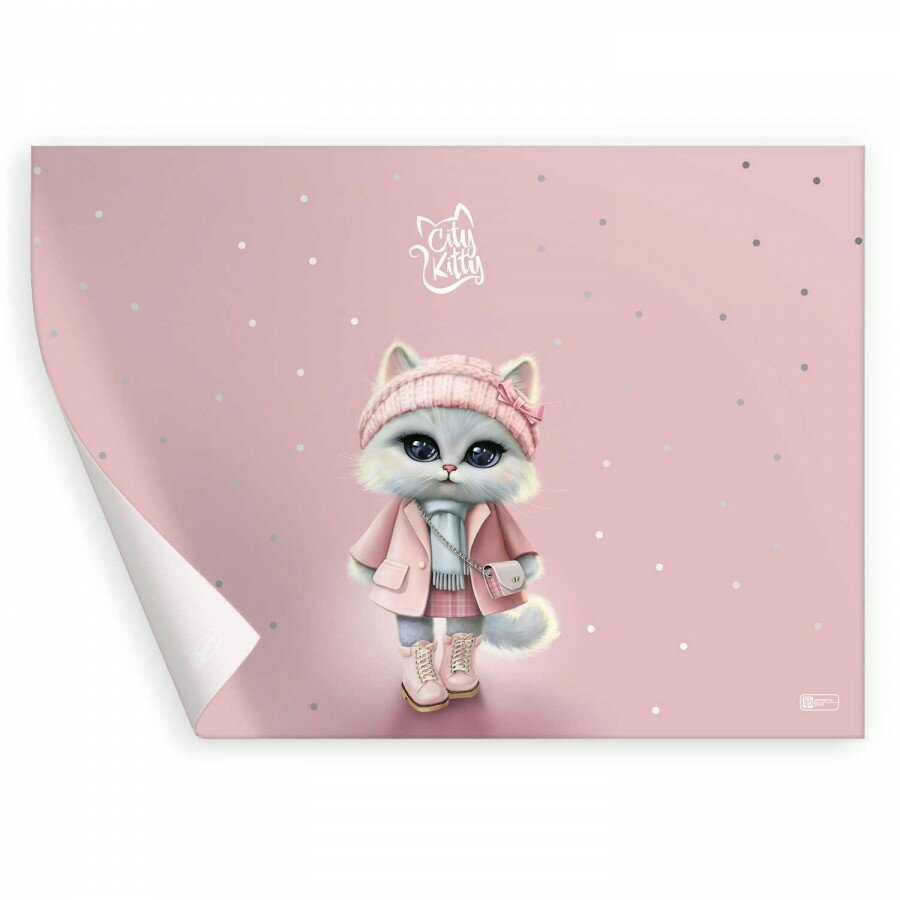 Покрытие настольное Клеенка Пленка цветная для труда 50х70см ПВХ Кошечка в пальто 130 мкм 69111 Феникс, 1 штука