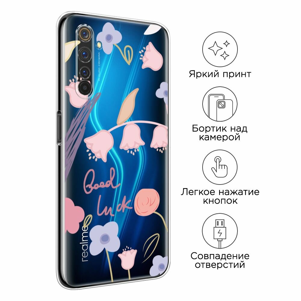 Чехол на Realme 6 Pro / Реалми 6 Про с принтом "Lucky flowers", прозрачный — фото 1