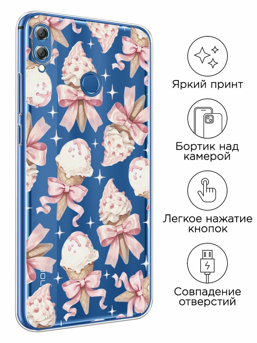 Чехол на Honor 8X / Хонор 8Х с принтом "Мороженое с бантиками", прозрачный — фото 1