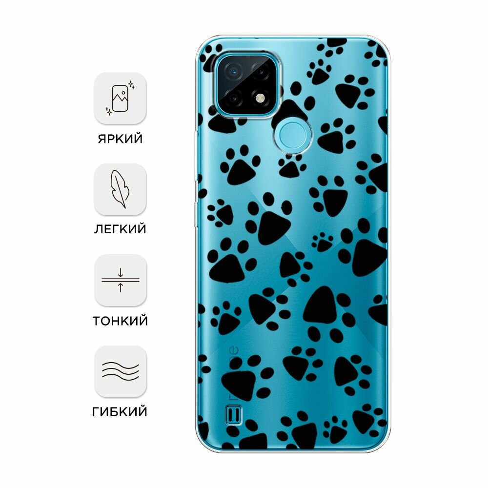 Чехол на Realme C21 / Реалми С21 с принтом Лапки черные, прозрачный — фото 1