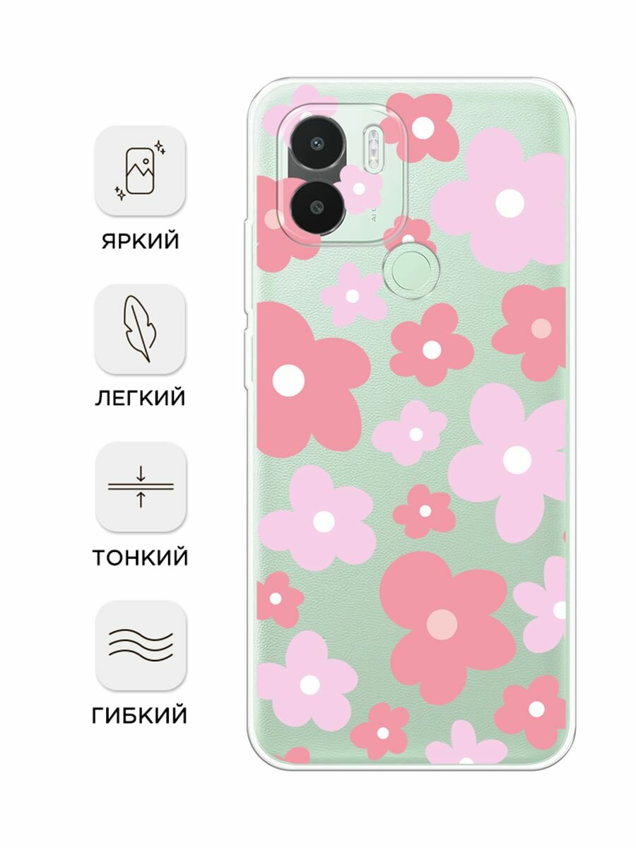 Чехол на Xiaomi Redmi A1+/Redmi A2+/Poco C51/C50 / Редми A1+ с принтом "Нежные розовые цветочки рисунок", прозрачный — фото 1