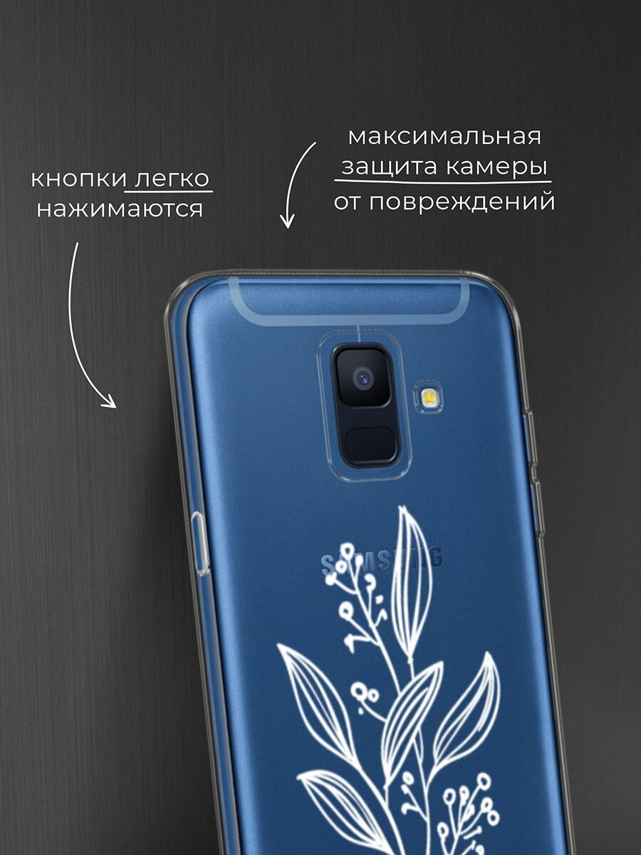 Чехол на Samsung Galaxy A6 / Самсунг Галакси А6 с принтом "Ветка с листочками и цветами", прозрачный — фото 1