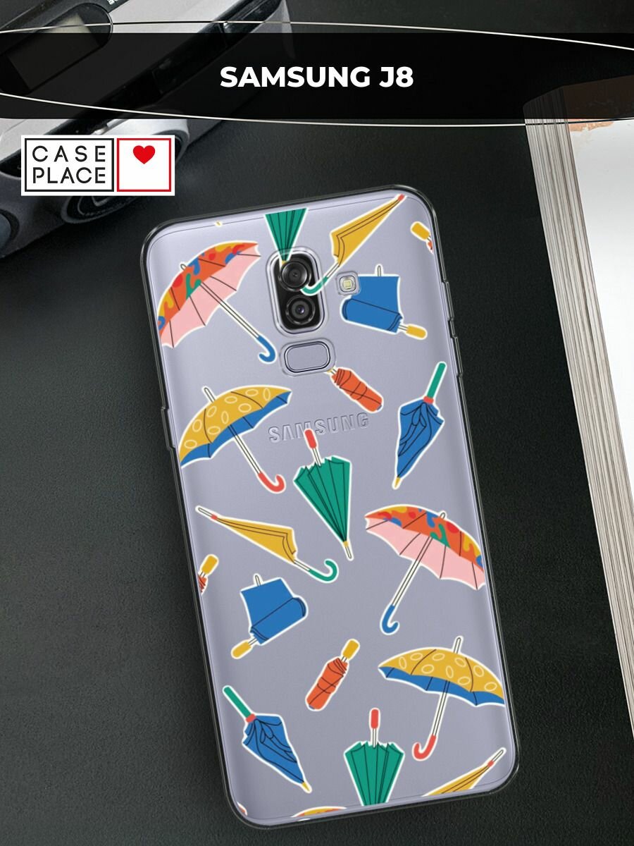 Чехол на Samsung Galaxy J8 / Самсунг Галакси Джей 8 с принтом "Зонты паттерн", прозрачный