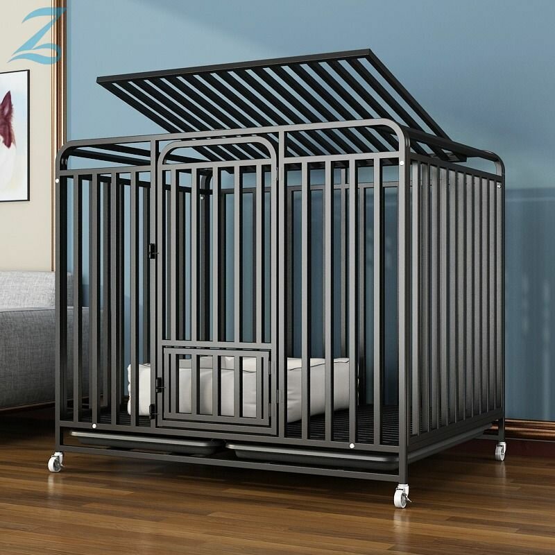 Клетка для собак усиленная, с двумя дверцами, на колёсиках с поддоном и откидной крышей
