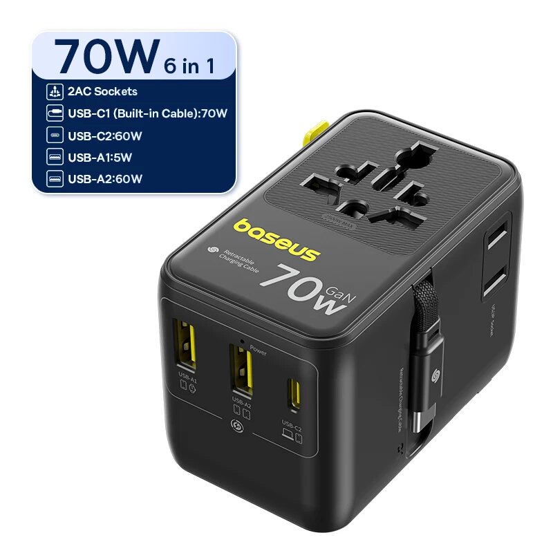 Универсальный дорожный адаптер Baseus 70W (EU/UK/USA/AUS) 6-в-1 с зарядным устройством GaN и встроенным выдвижным кабелем USB для быстрой зарядки