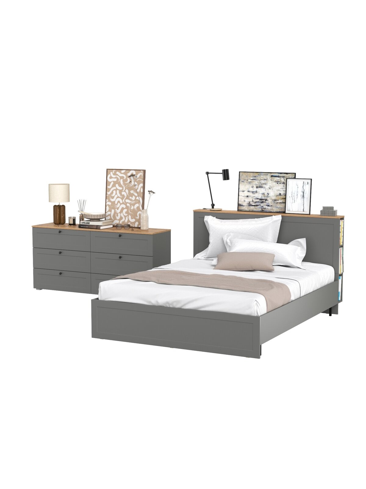 Большой вместительный комод Остин 16.240 кровать Остин 1600, серый графит/дуб крафт