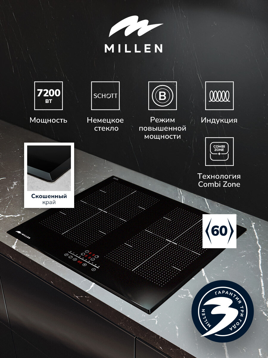 Индукционная варочная панель 4 конфорки MILLEN MIH 602 BL, черный