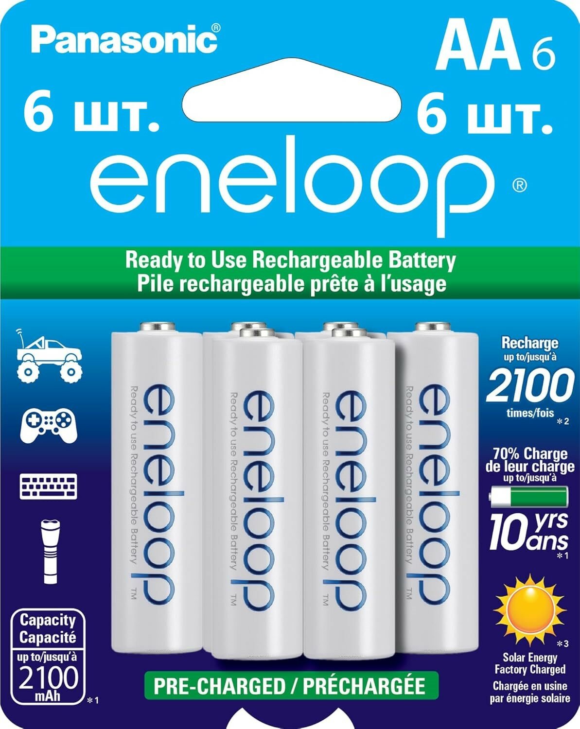 Аккумуляторная батарея Panasonic Eneloop, Ni-MH, 6 штук, AA