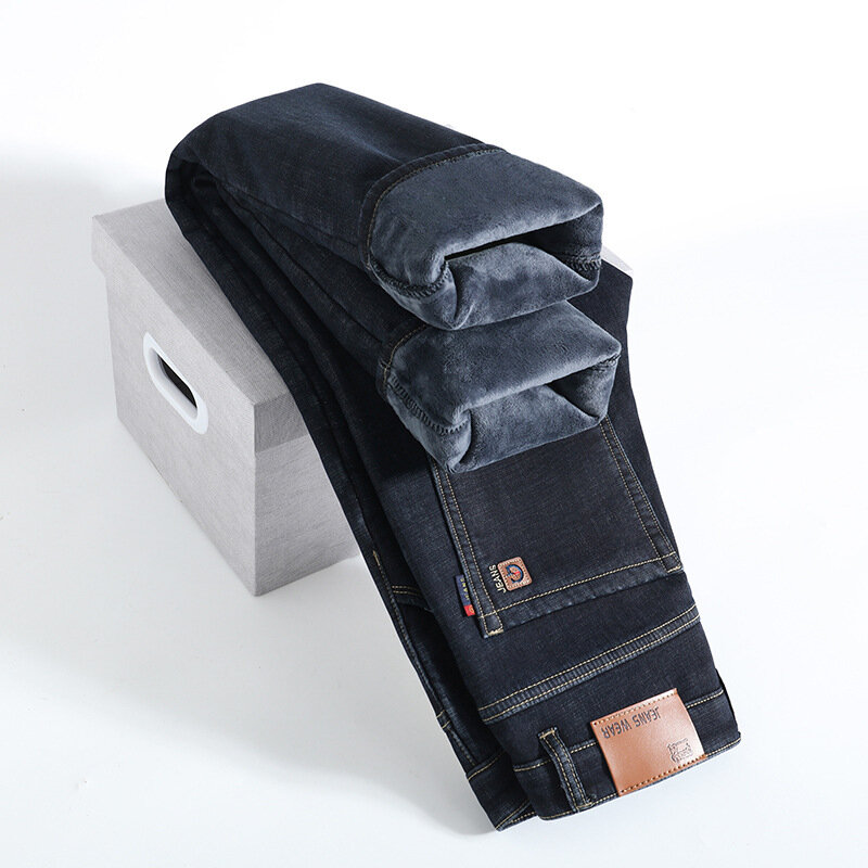 Охоты Брюки JYL Зимние утеплённые толстые джинсы мужские широкие прямые деловые повседневные эластичные теплое