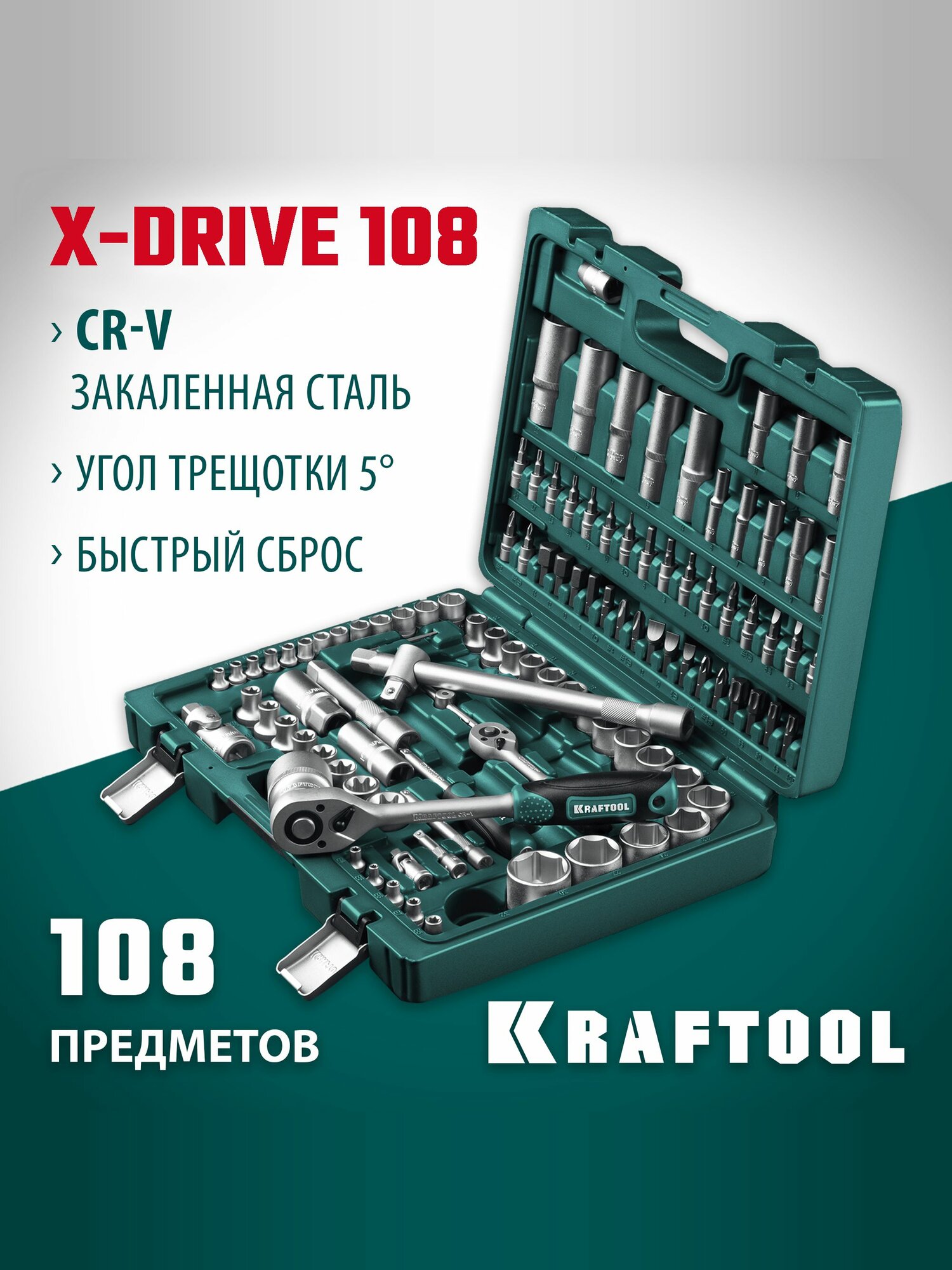 KRAFTOOL X-Drive 108, 108 предм, (1/2"+3/8"+1/4"), Универсальный набор инструмента (27888-H108_z03)