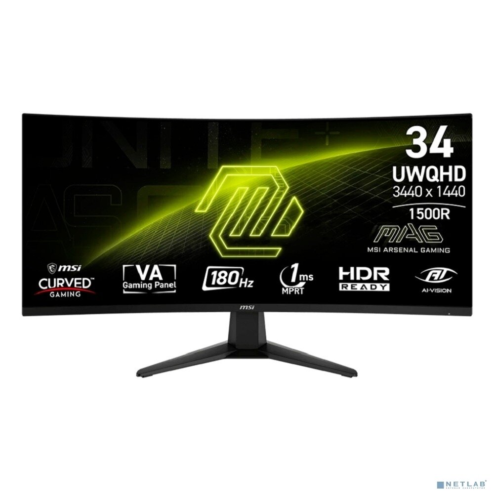 Монитор 34" MSI MAG 346CQ VA 3440x1440, 180 Гц, 1 мс, 21:9, 300 кд/м², 2xHDMI 2.0b, DP 1.4a, USB-C, 3.5 Jack, HDR Ready, Adaptive-Sync, изогнутый экран (1500R), черный