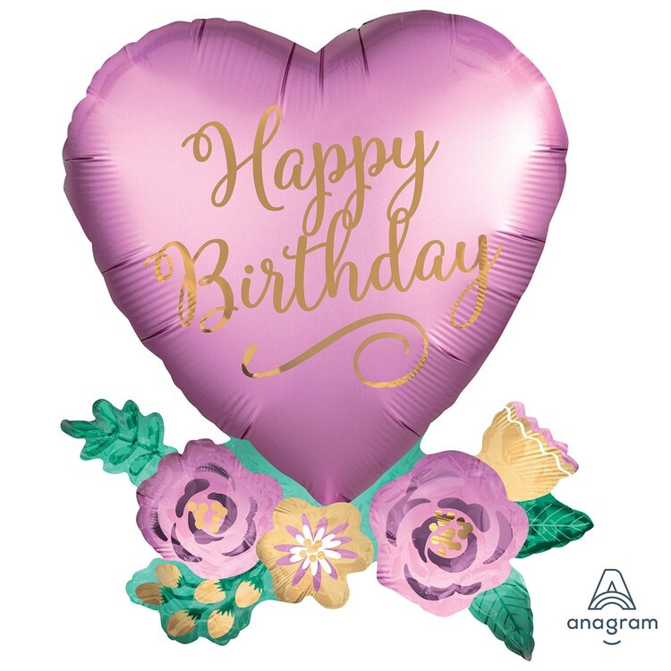 Воздушный шарик Anagram, фигура, Happy Birthday, сердце розовое, цветы, сатин