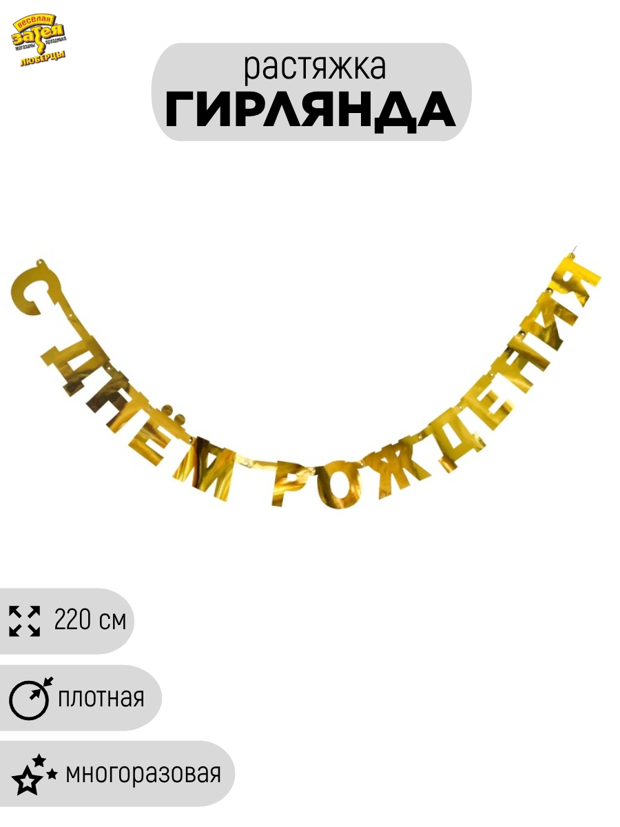 Гирлянда-буквы "С Днём Рождения" золотая, длина 220 см