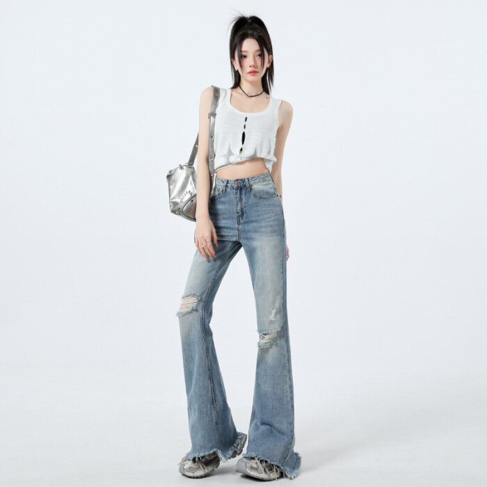 Женские джинсы Версия повышения Рваные флеровые — весна-лето высокоходные стройные рваные полные штаны