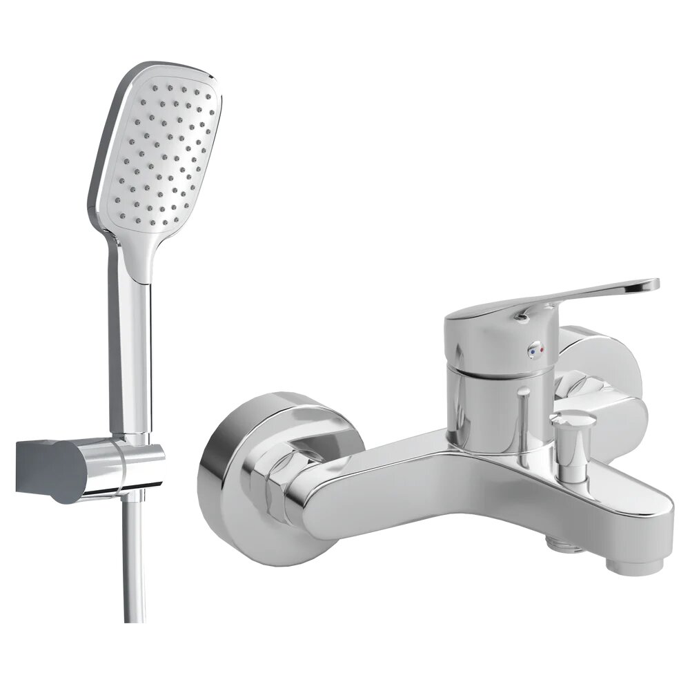 Душевой комплект MEGA Смеситель для ванны с душем MEGA Delta MG-SRN100 хром 2 в 1, со смесителем, с изливом, латунный, хром, белый, глянцевый, душевая система