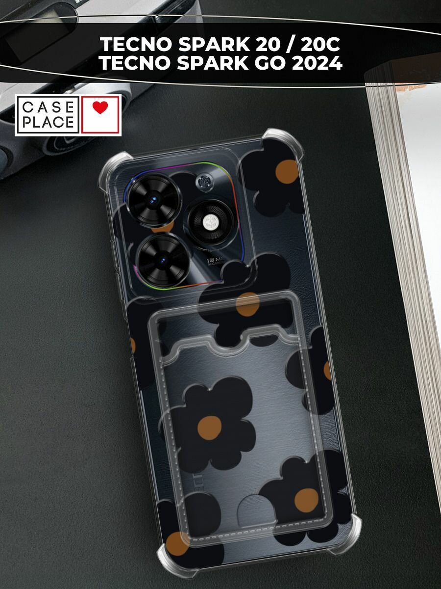 Чехол на Tecno Spark Go 2024/Spark 20C (Текно Спарк Го 2024/Спарк 20C) с картой и принтом Много темных цветочков