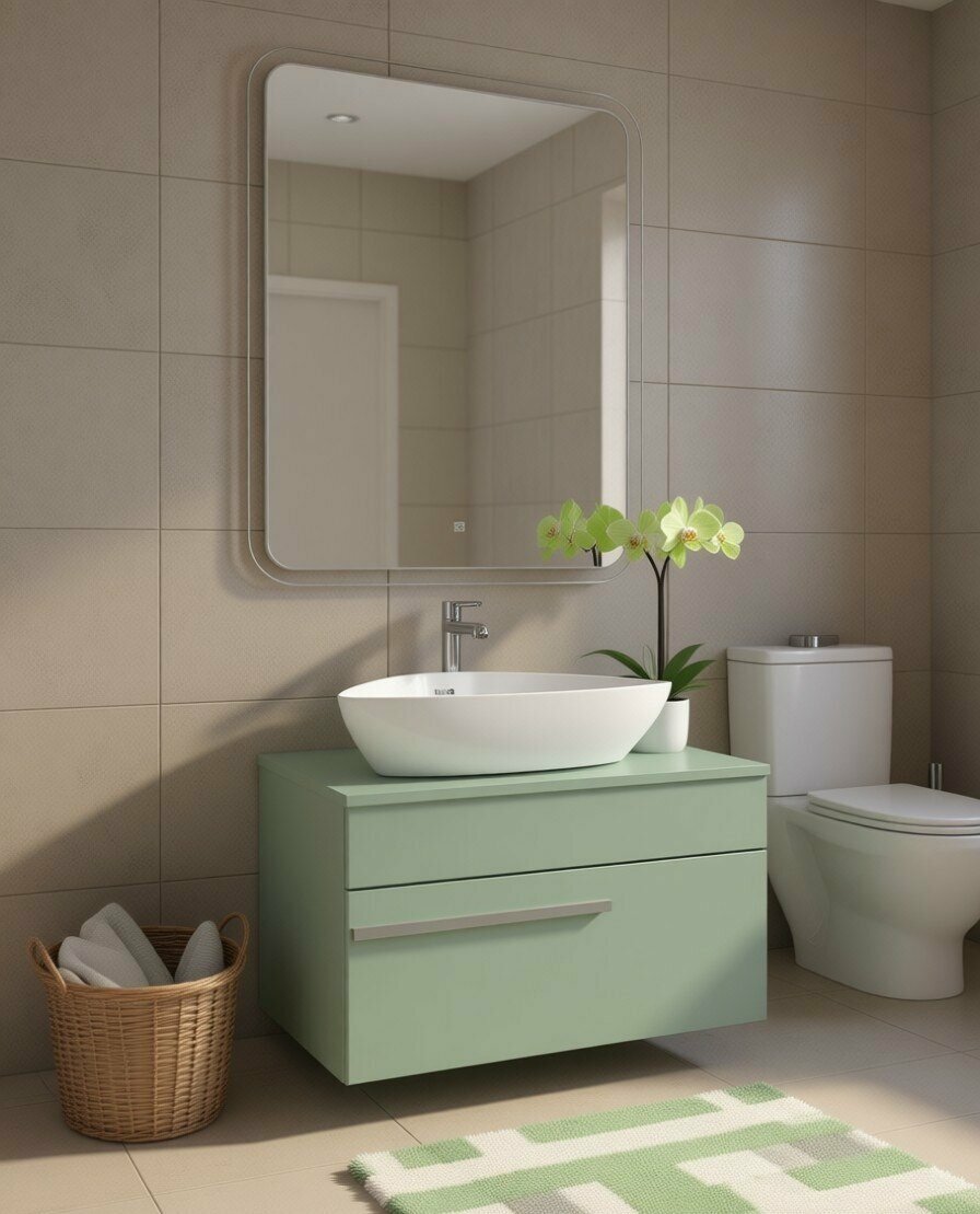 Мебель для ванной Вудлайн 65, оливковый, раковина Трио, зеркало Руан 60х80