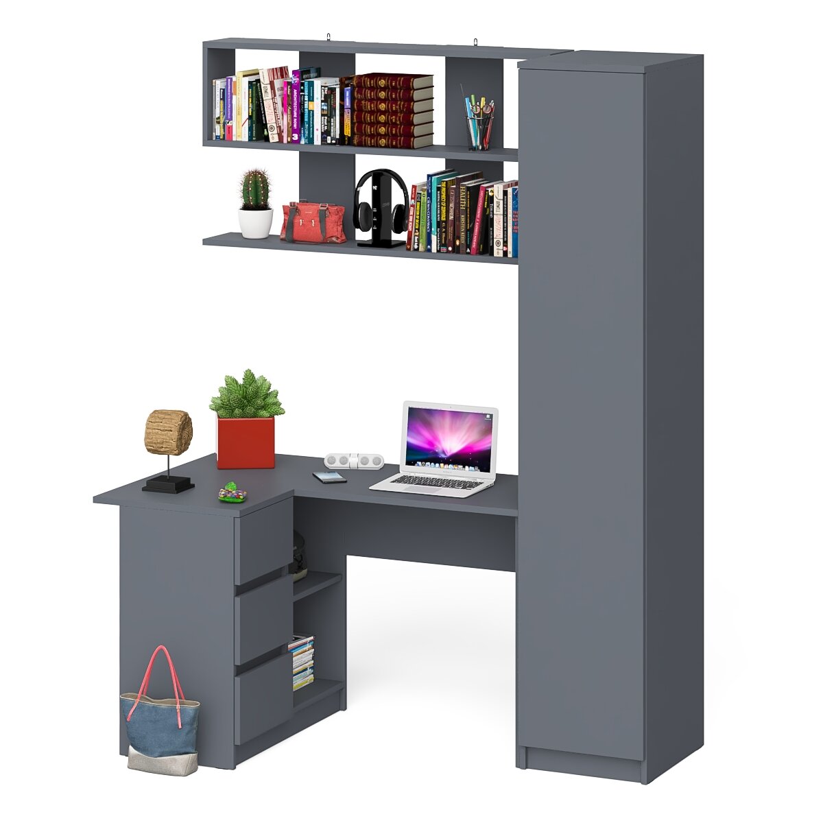 Угловой компьютерный стол с ящиками МС-16 левый с книжной полкой и пеналом, графит, 164,8х84,9х209,6 см.