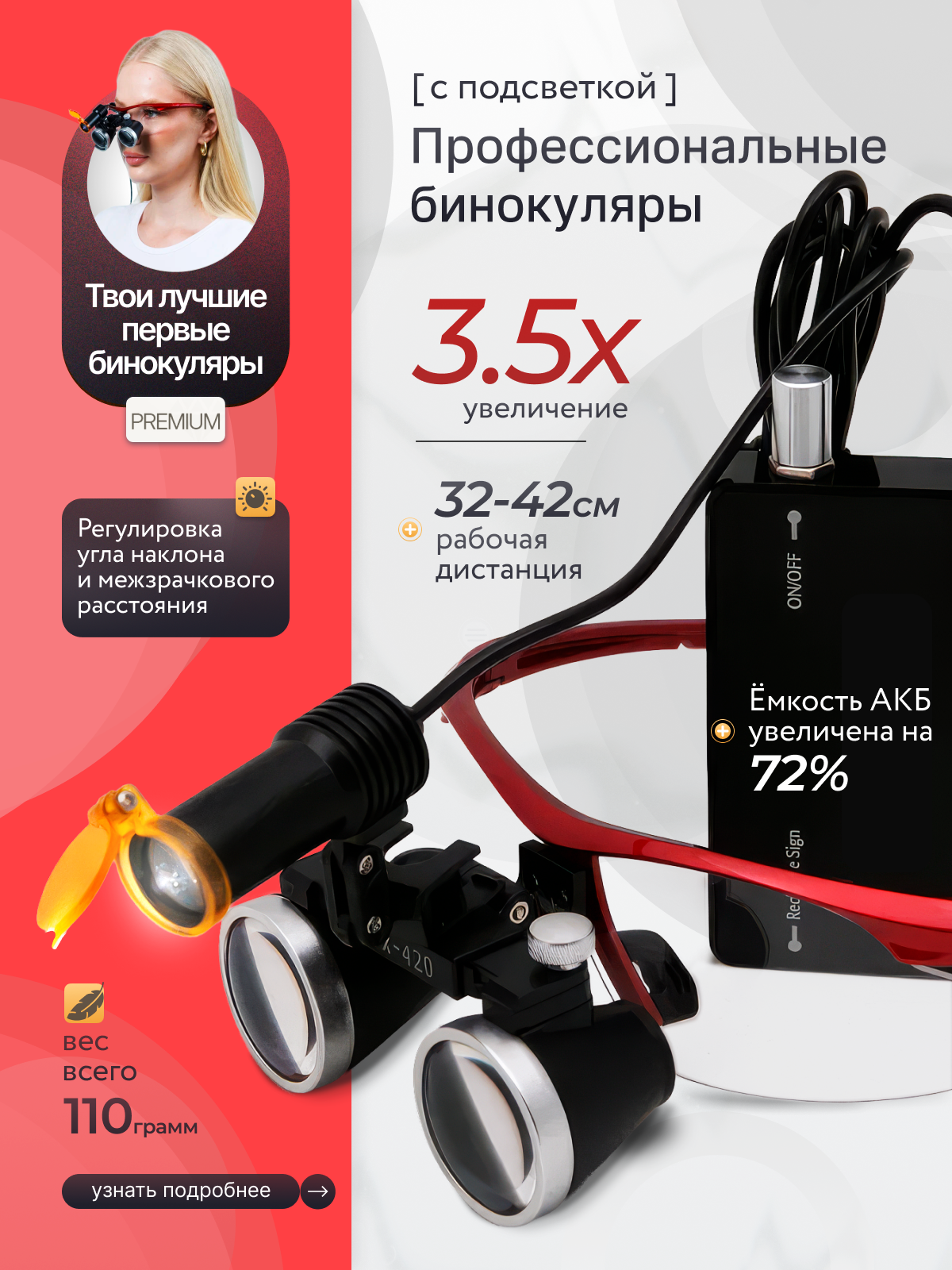 Бинокулярные лупа очки с подсветкой 3.5х