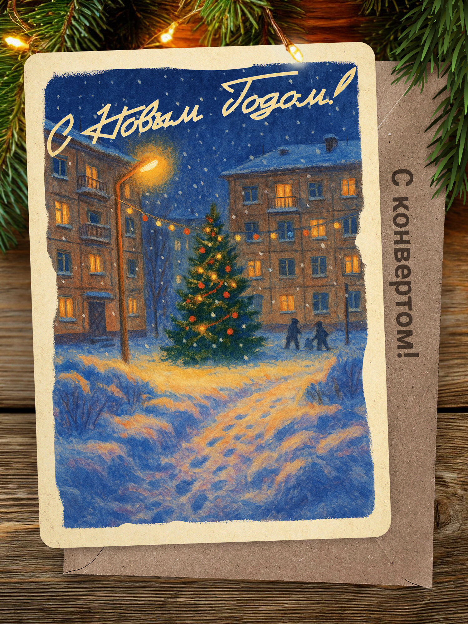 Авторская новогодняя открытка «Советский дворик» • Добрая и милая • Конверт в комплекте