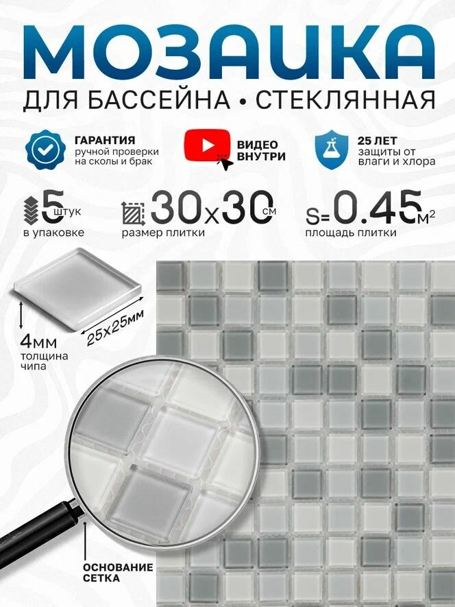 Плитка мозака стеклянная КерамограД 30х30 см ICE GRAY/ 5 сеток