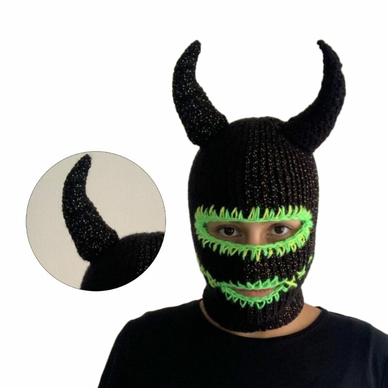 Забавная маска из рога ручной вязки -черно-зеленая