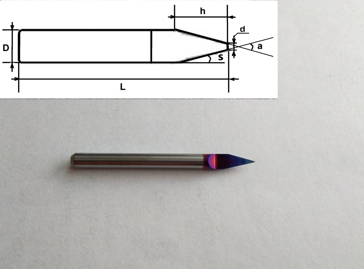 Конический твердосплавный гравер PDJM3.3002, d-0.2/ S-15/ a-30/h-5/ D-3.175/ L-38. для ЧПУ станка