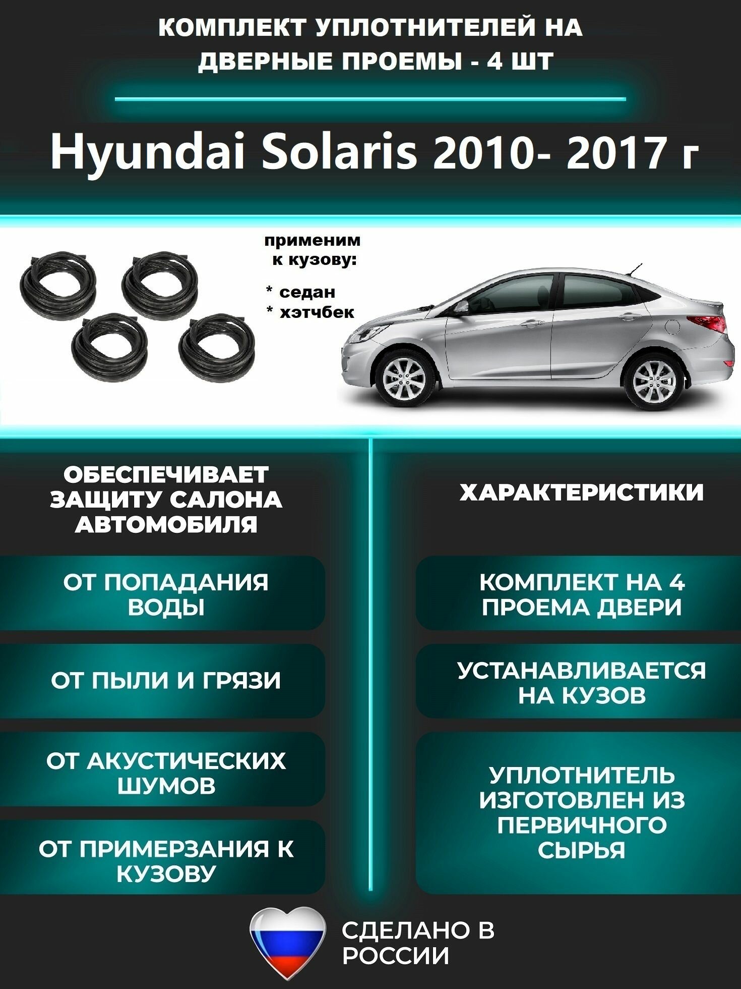 Комплект уплотнителей проемов дверей для Hyundai Solaris 2010- 2017 г / уплотнитель на 4 двери - передние и задние на Хендай Солярис