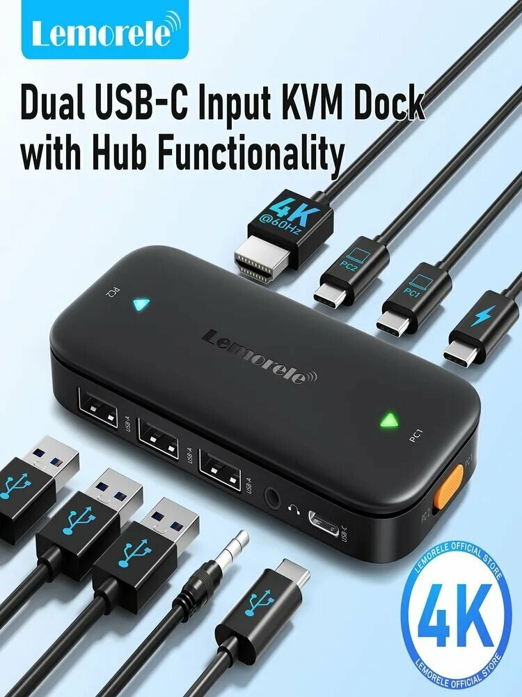 USB-C KVM Switch Подключение двух ПК и 1 монитора с HDMI, поддержка 4K и зарядка PD, USB-C переключатель для монитора