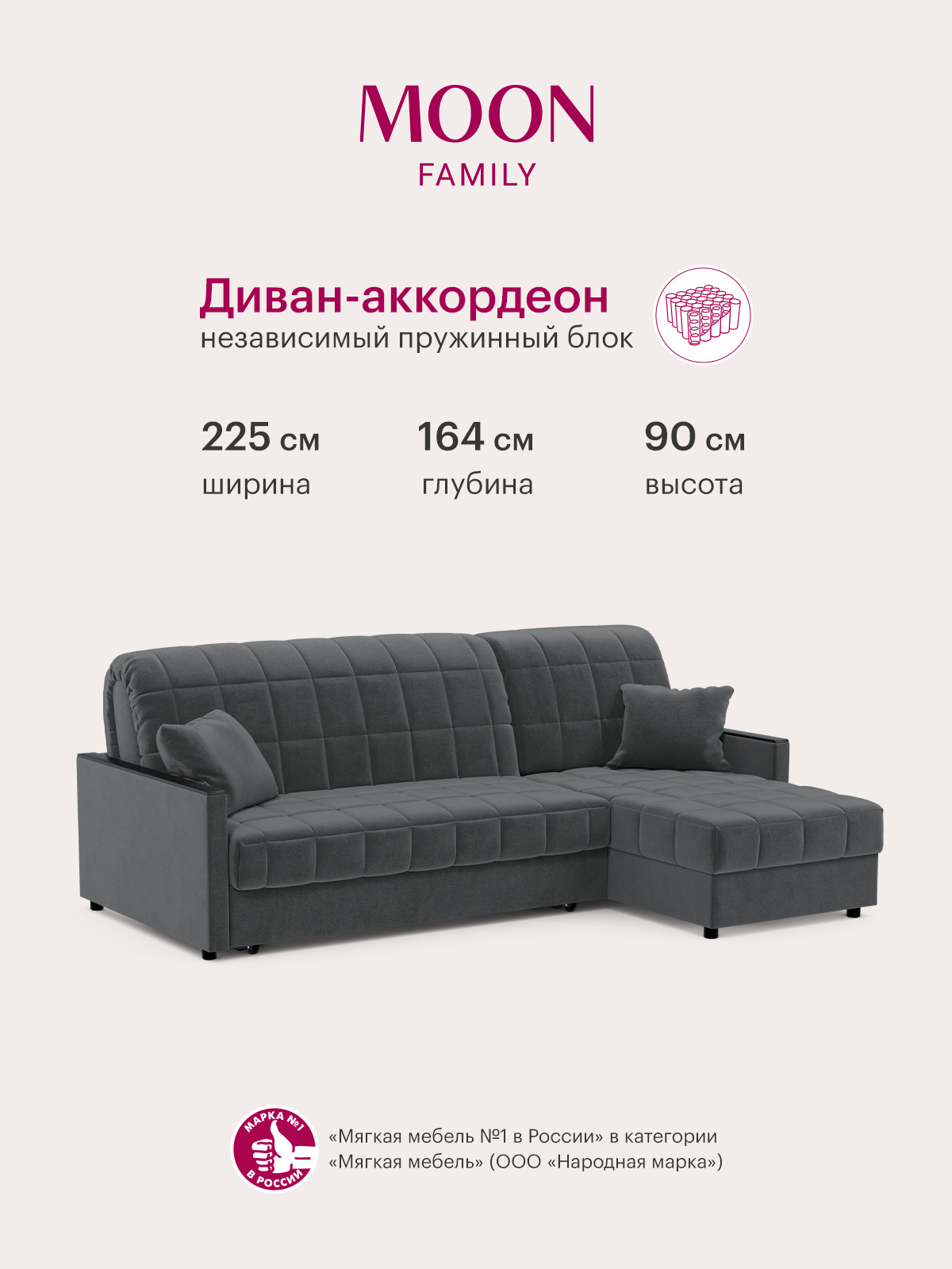 Диван кровать раскладной, угловой, аккордеон MOON FAMILY 134, темно-серый велюр, 225х164х90, спальное место 140х200, независимый пружинный блок