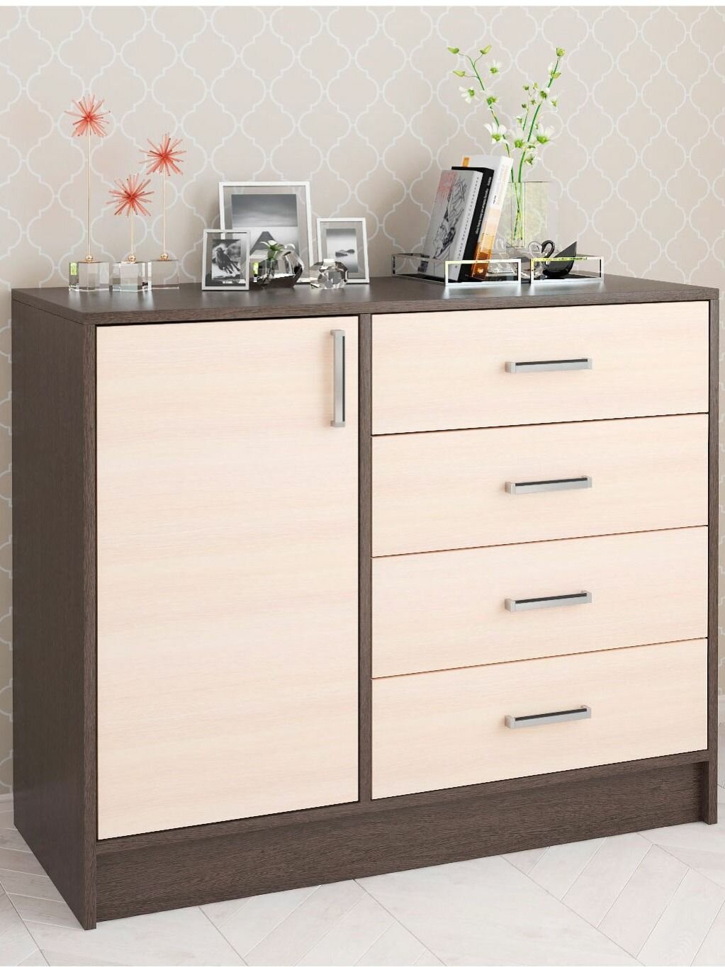 Комод с 4 ящиками и 1 распашной дверцей, 830х1000х435, венге, дуб молочный, 1 шт.