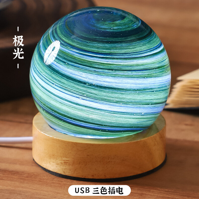 Встроенный светильник-ночник "Звездное небо" с абажуром Planet Lampshade на деревянной основе, аккумуляторный ночник Type-C, подарочный светильник Aurora Glass