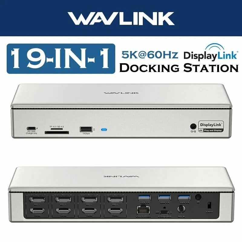 Док-станция WAVLINK 19 в 1 DisplayLink с дисплеем 1 в 4 выхода с разрешением 5K 4K при 60 Гц, 4 * HDMI, 4 * DP, 10 Гбит/с, USB 3.1 для Macbook M1 M2
