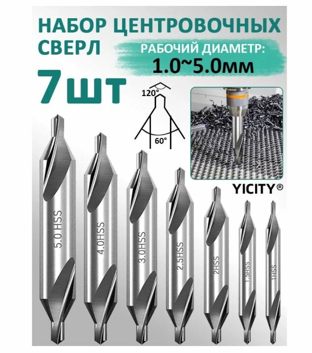 YICITY Набор центровочных сверл, 1-5мм, HSS, Подходит для нержавеющей стали/меди/алюминия/железа, 7 шт.