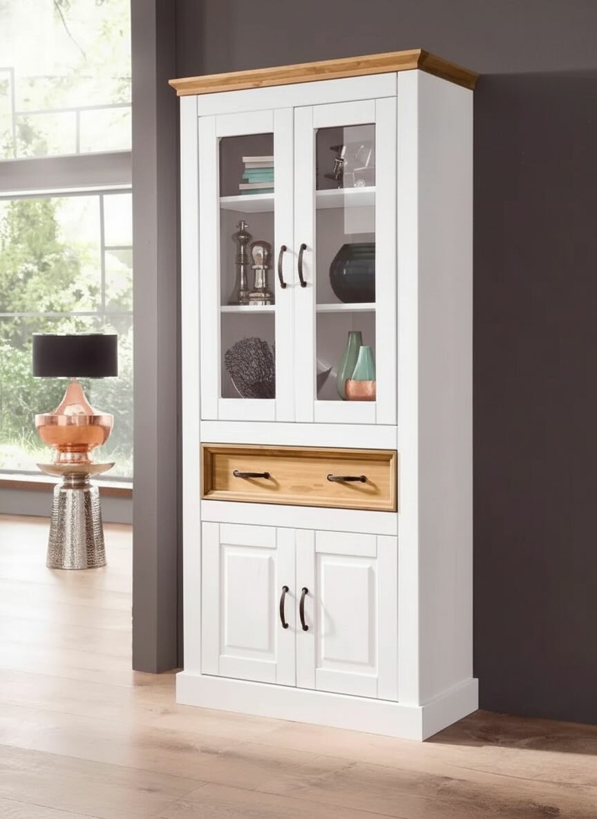 Шкаф витрина, 84х35х180, Ландхаус, буфет для кухни, шкаф для посуды, из массива дерева, с ящиком, Dipriz