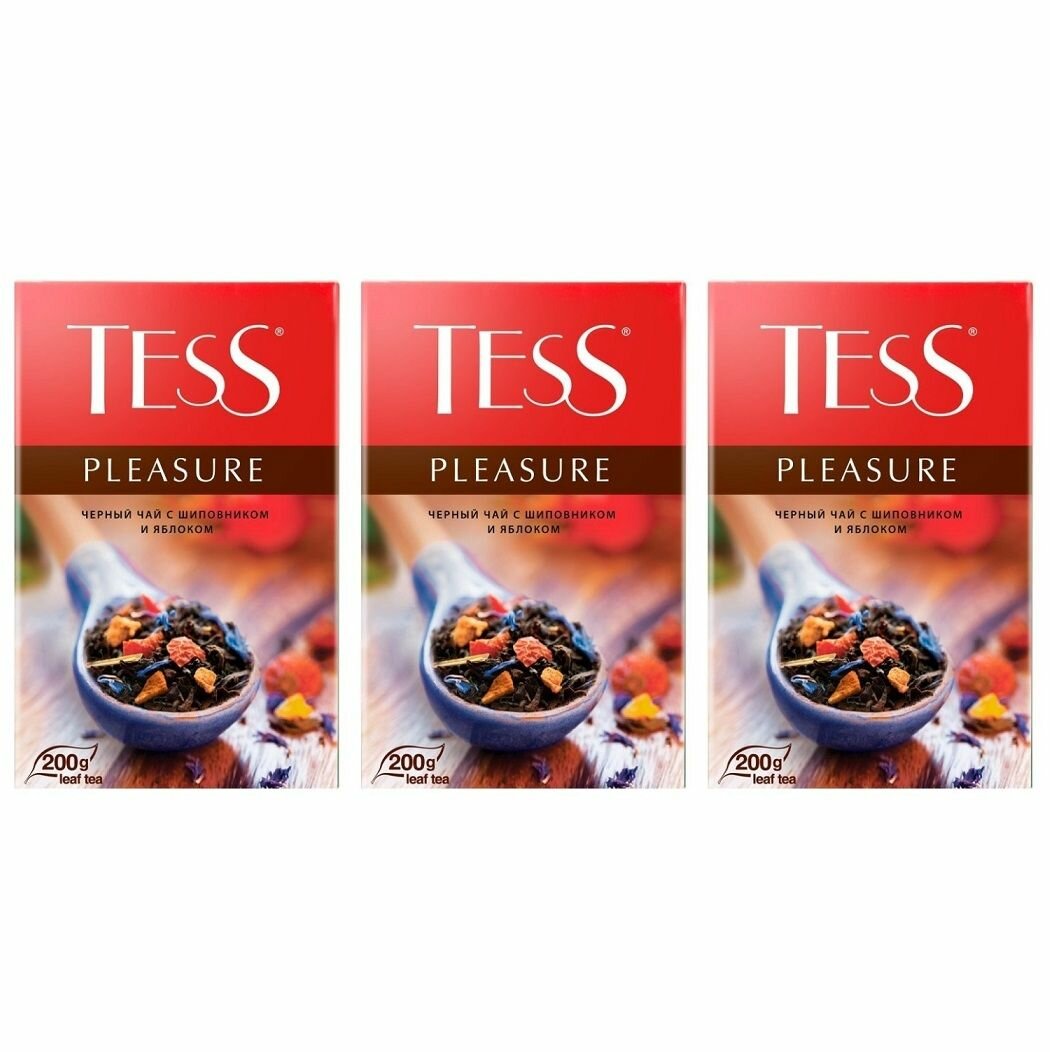 Tess Черный чай Pleasure, листовой с шиповником и яблоком, 200 г, 3 уп.