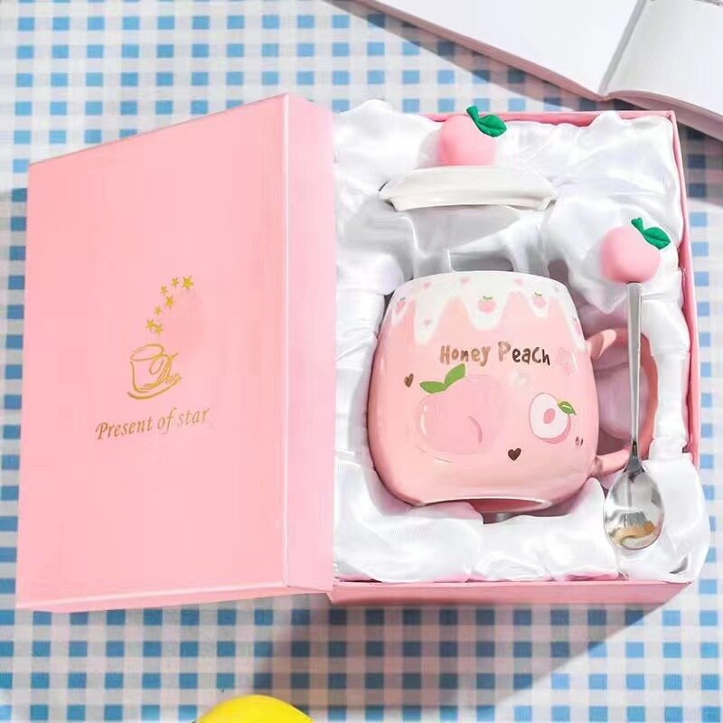 Симпатичная керамическая кружка в корейском стиле для мужчин и женщин, с крышкой и ложкой, большой вместимости, подходит для офисного кофе и завтрака.