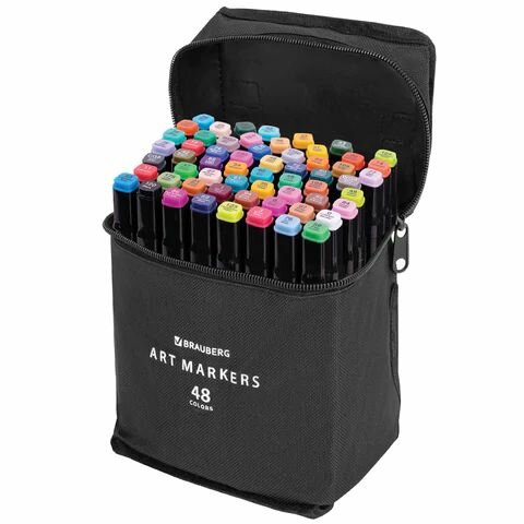 Маркеры для скетчинга двусторонние, набор 48 шт, текстильный чехол, BRAUBERG, 152231
