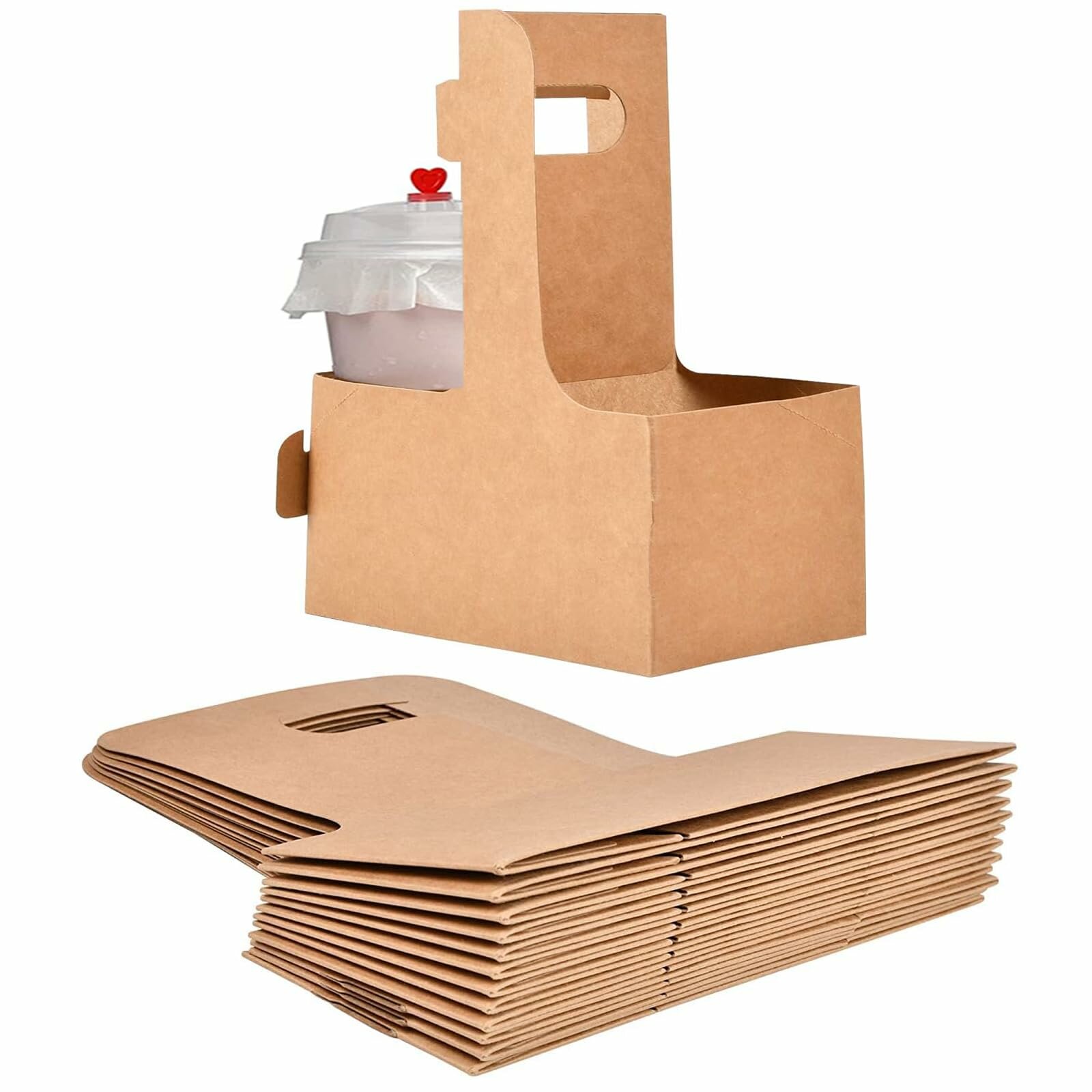 Носитель для напитков складной 20 штук с ручками, 2 отсека для бумажных стаканов горячих или холодных напитков, поднос для кофе из крафт-бумаги, Браун, 17.5 x 8 x 22.5 см, 650 г, для ресторанов, доставки