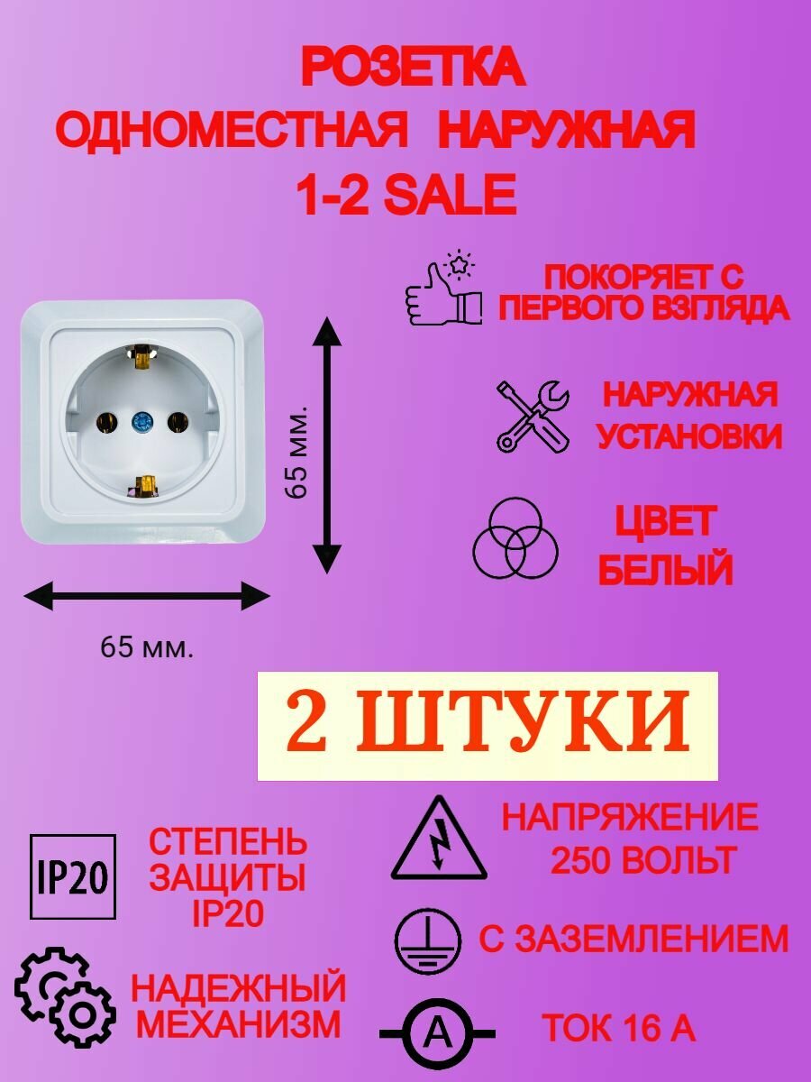 Розетка одноместная с заземлением 1-2 наружный (2 шт.)