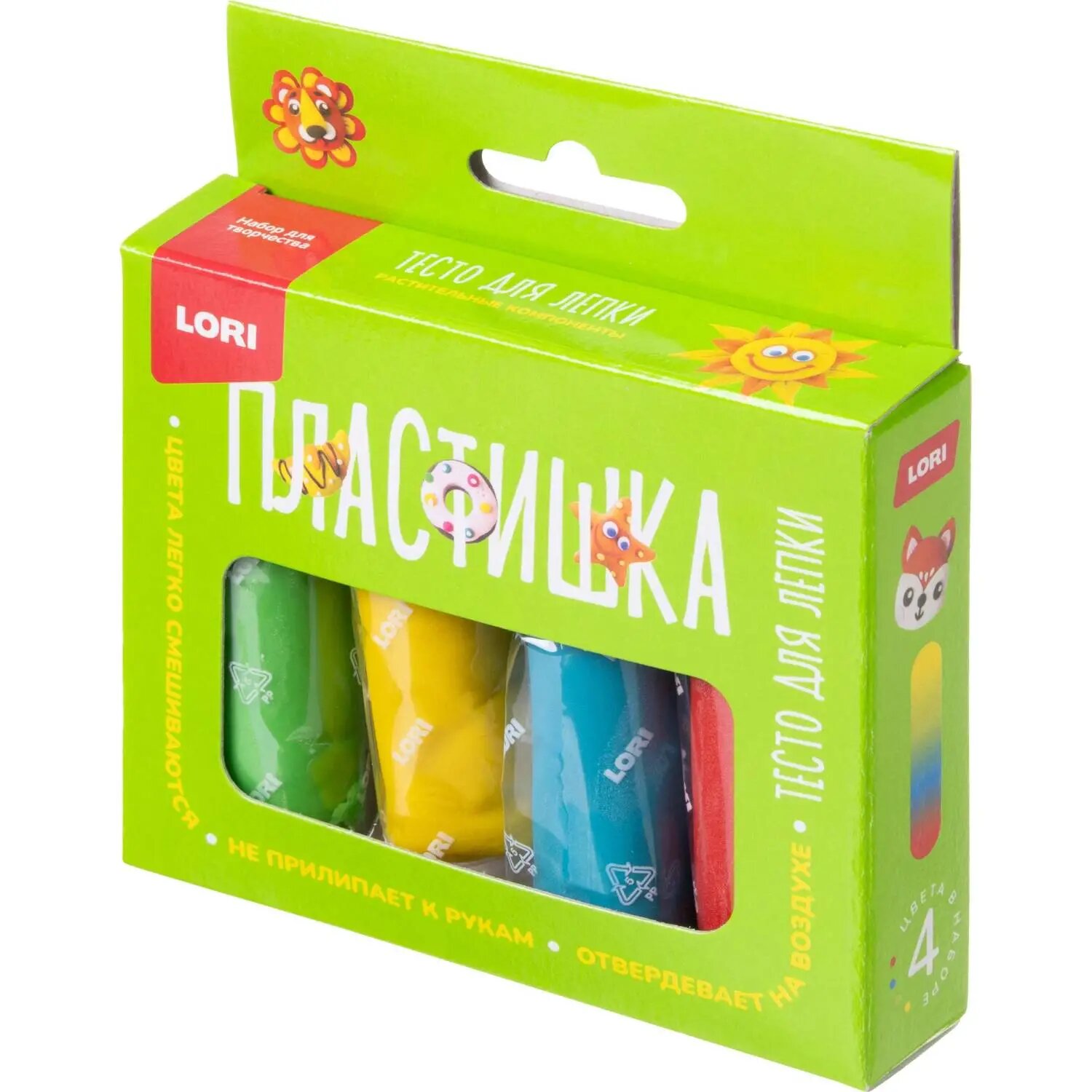 Тесто для лепки Пластишка 4 цв по 30 гр (коробка с вырубным окном), Тдл-046