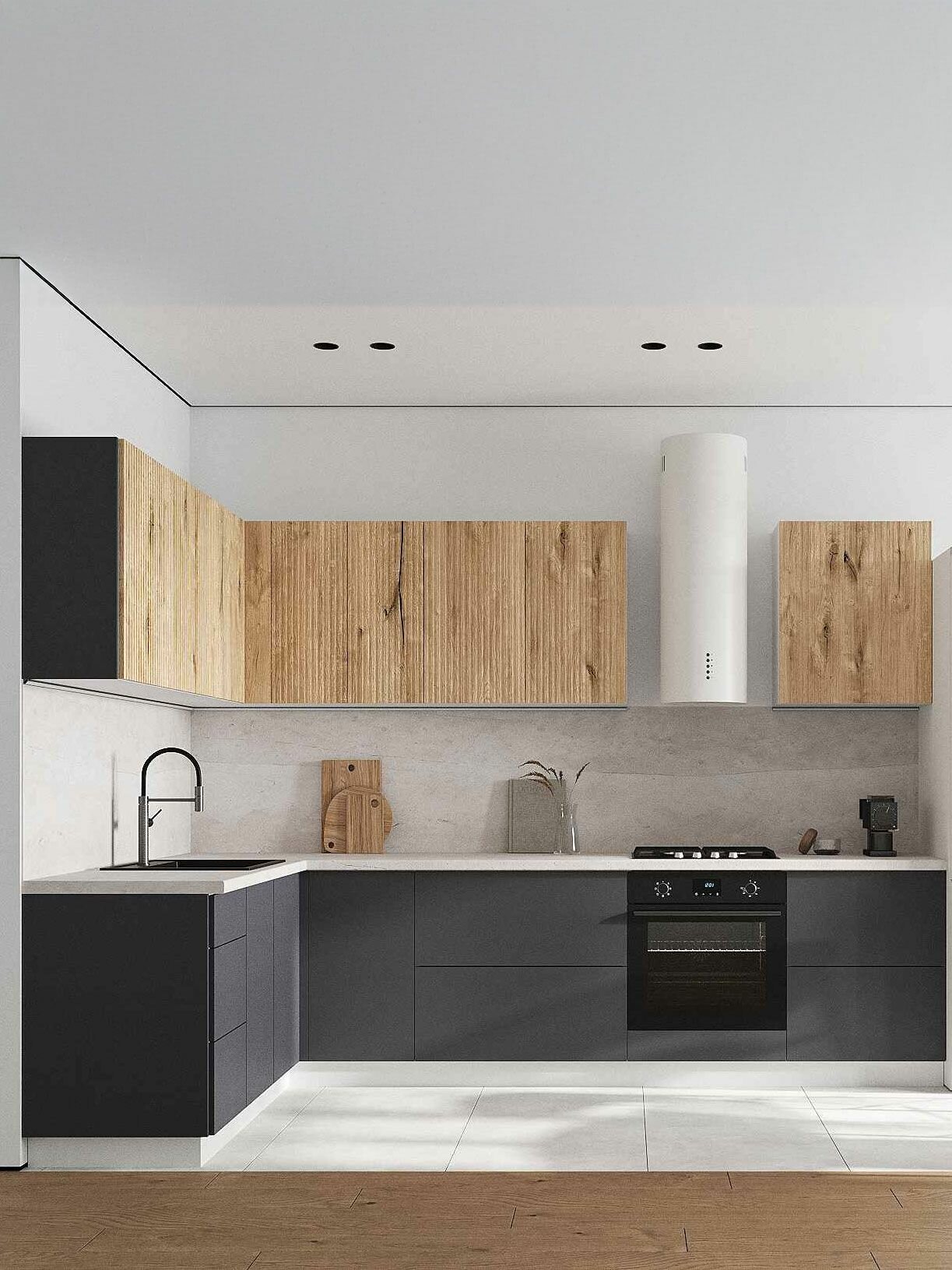 Кухонный гарнитур угловой Комби 3.0х1.8 м, мебель для дома и кухни, Белый / Дуб Торонто / Графит