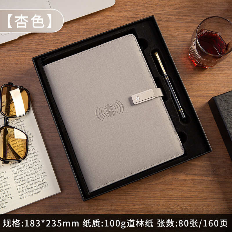 Беспроводной зарядный блокнот формата А5 для бизнеса и офиса, многофункциональный, с USB-накопителем и внешним аккумулятором, с возможностью персонализации.