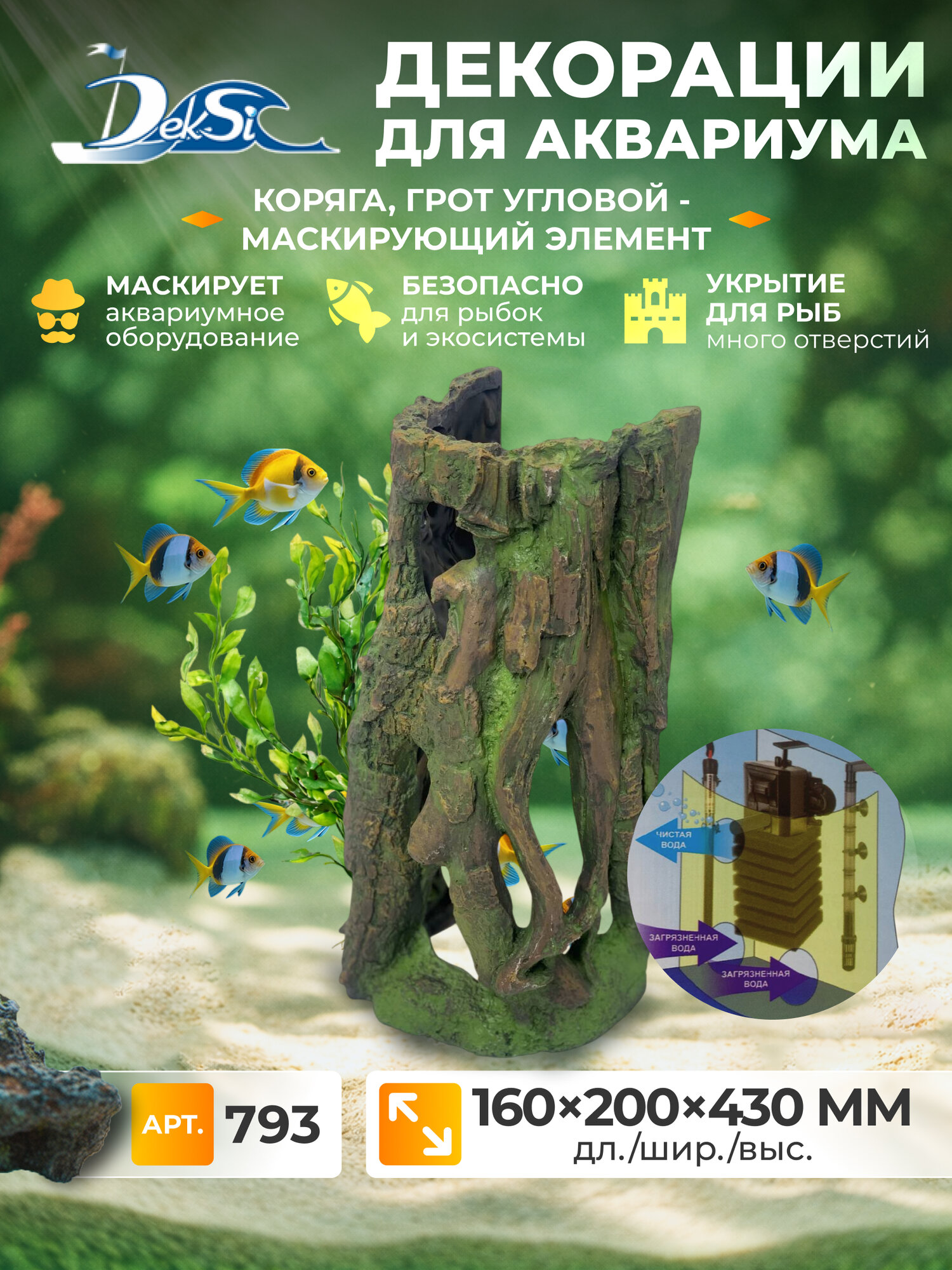 Декорация для аквариума и террариума Коряга, Грот DEKSI маскирующий элемент для фильтра, арт. №793