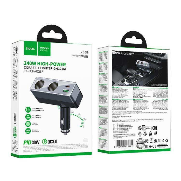 Автомобильное зарядное устройство hoco PD 48W с портами USB-C и USB-A, совместимое с прикуривателем (черное)