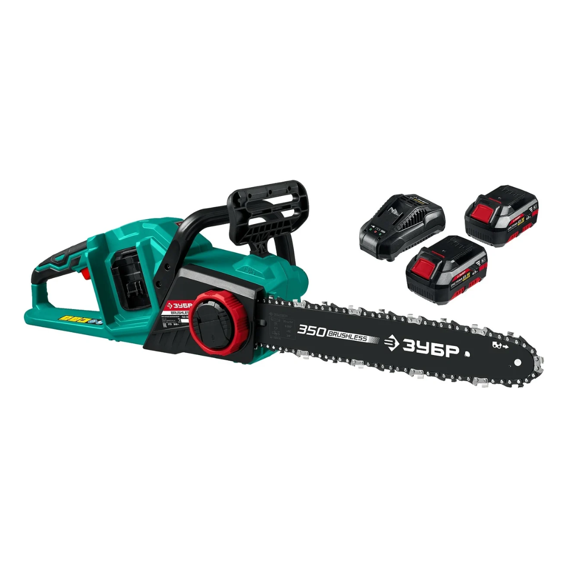 Пила цепная электрическая Зубр ПЦЛ-3635-42, 2x18 В, 4 А*ч, шаг цепи 3/8", 53 звена, 19 м/с, зеленый